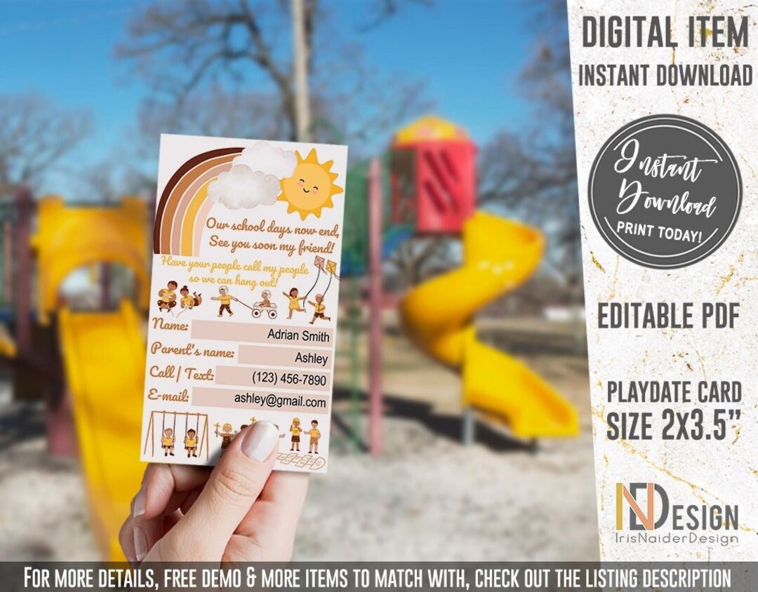 Playdate Card, Kids Summer Contact Card, Summer Playdate Card, End of ...