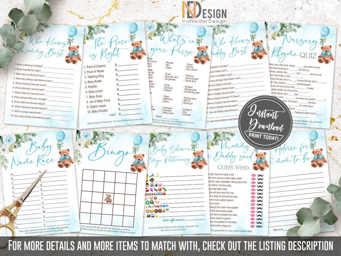 Teddy Bear Baby Shower Game Set 10 Games Digital Files - Etsy