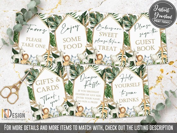 Safari Baby Shower Table Signs, treat sign, food sign, gifts sign ...