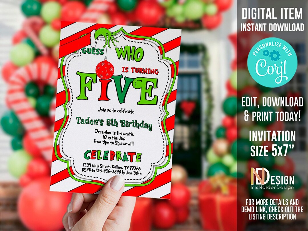 Christmas 5th Birthday Invitation, Guess Who, Red Green Birthday ...