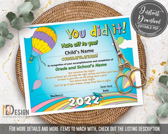 Diploma, 2022 Certificate, any grade, rainbow, pastel colors ...