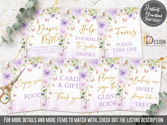 Lavender Butterfly Baby Shower Table Signs Treat Sign Food Sign Gifts Sign Guest Book 