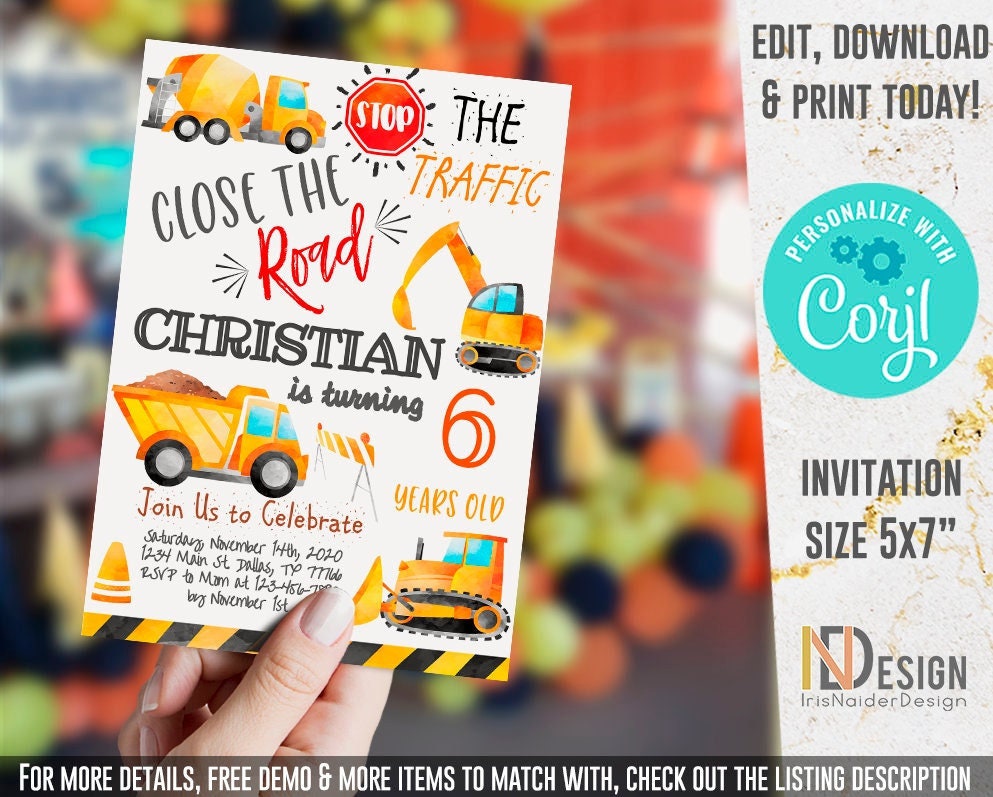 SELF EDITABLE Construction Invitation Construction Birthday - Etsy