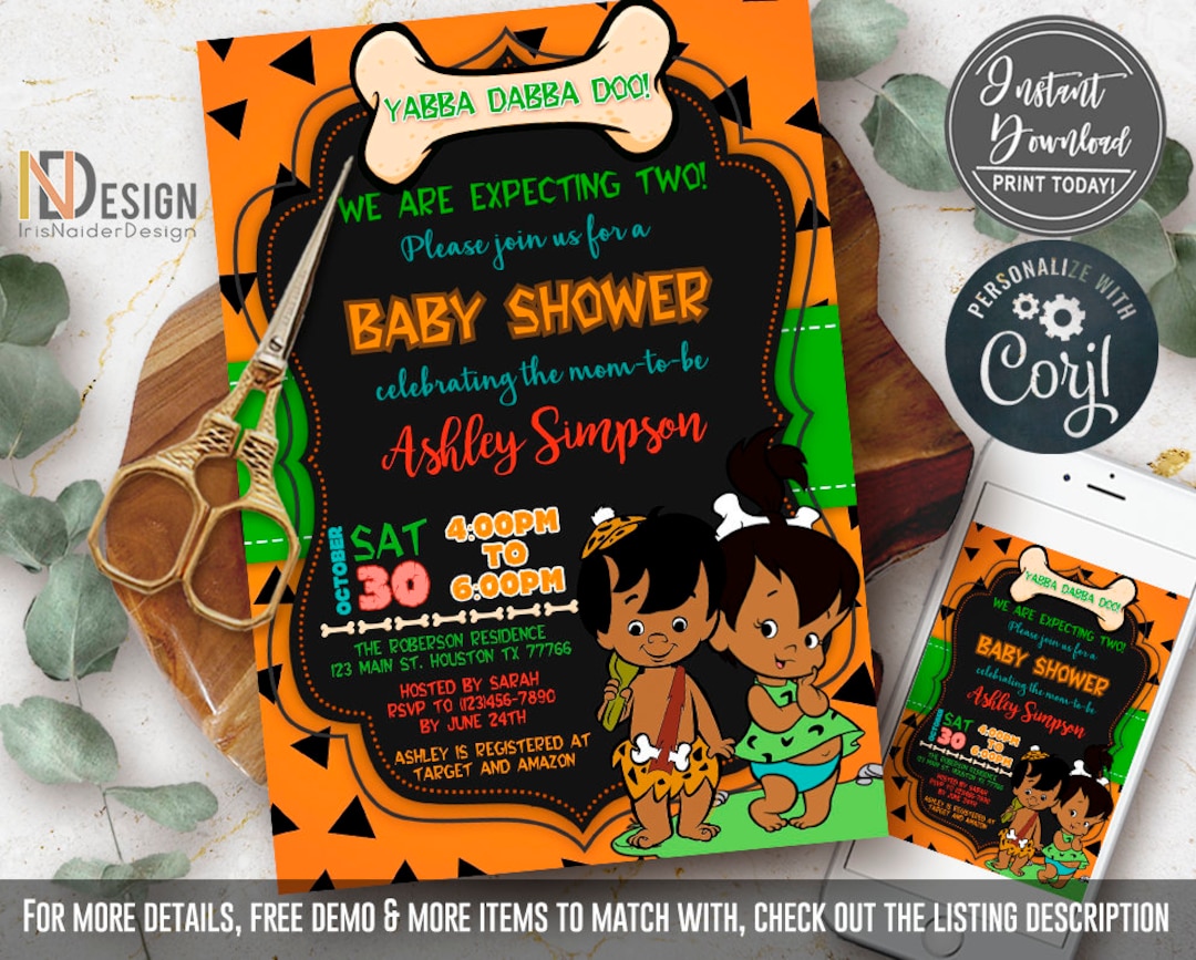 Baby Shower Twins Invitation, Pebbles Bam Bam Baby Shower, African ...