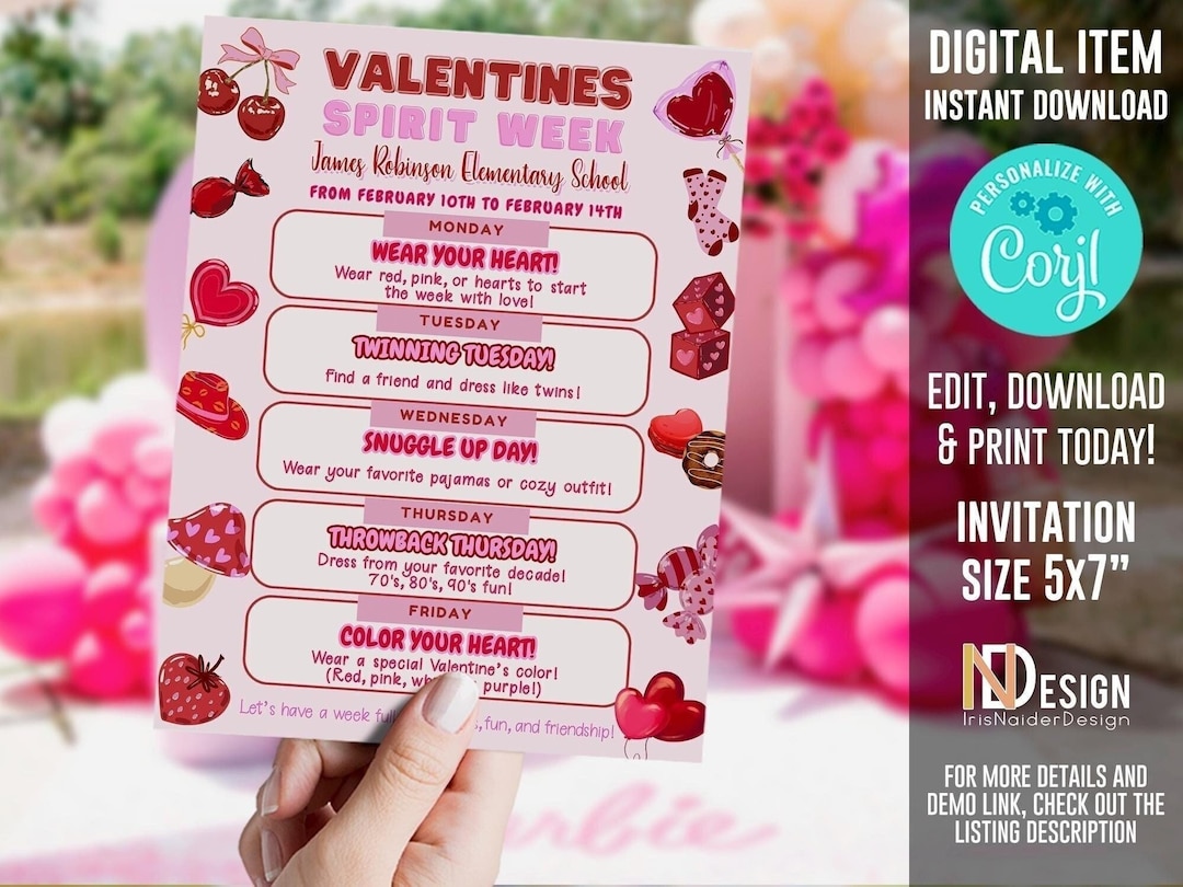 Editable Valentines Spirit Week Flyer, PTO School Spirit, Red Pink ...