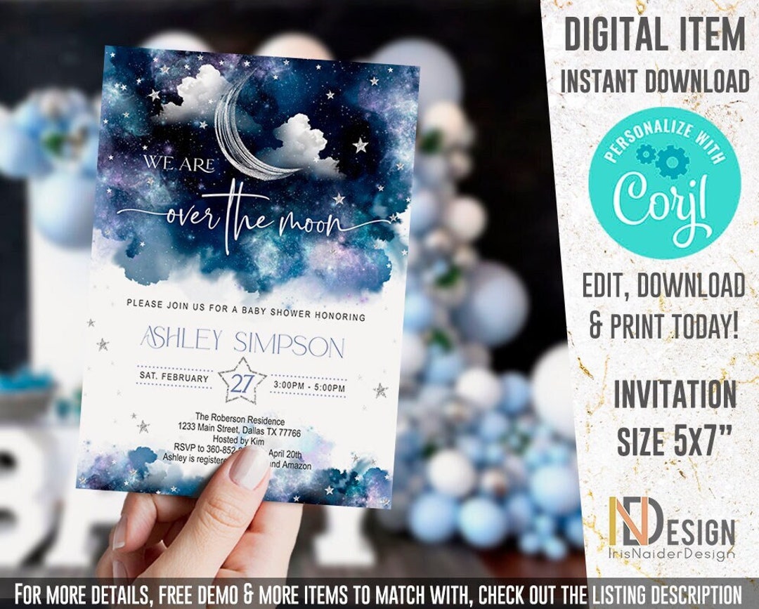 EDITABLE We Are Over the Moon Baby Shower Invitation, Sky, Stars ...