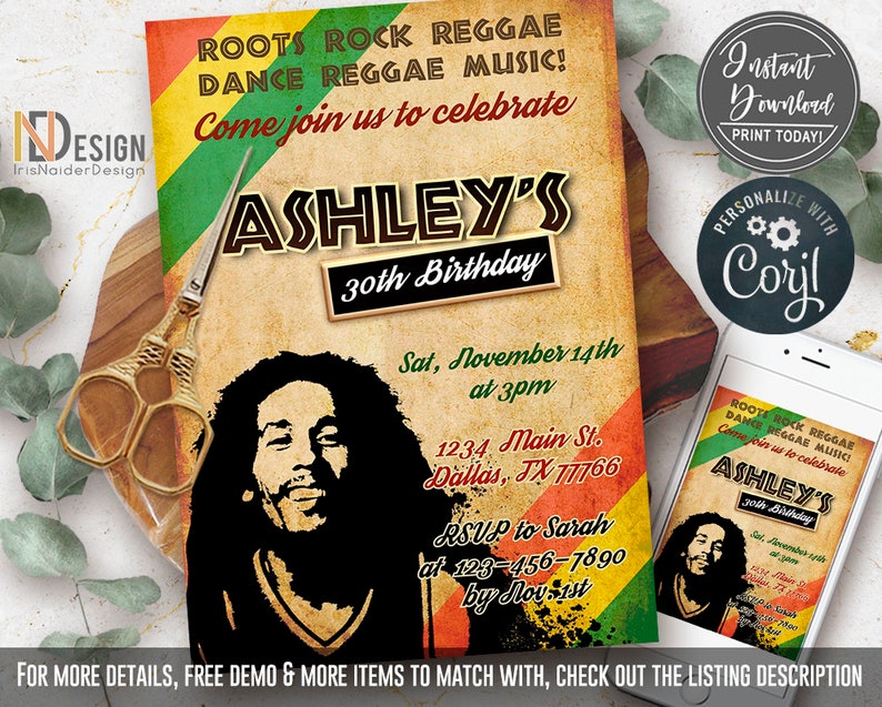 SELF EDITABLE Reggae Birthday Invitation, Rasta, Jamaican, Rastafari ...