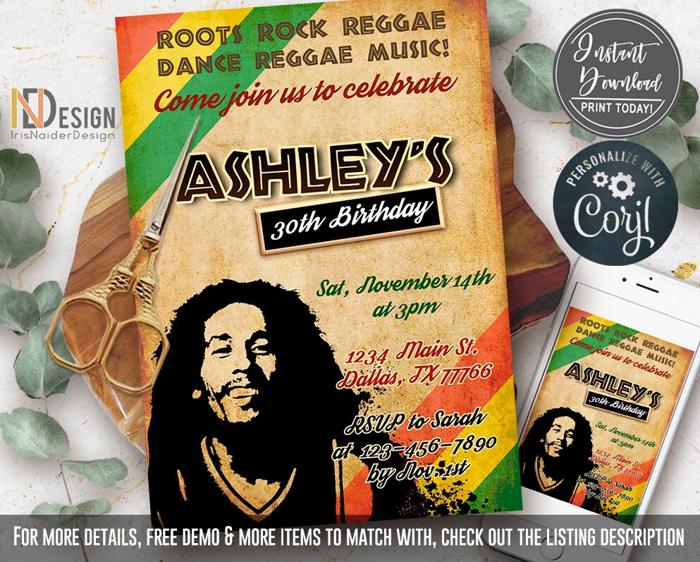 SELF EDITABLE Reggae Birthday Invitation, Rasta, Jamaican, Rastafari ...