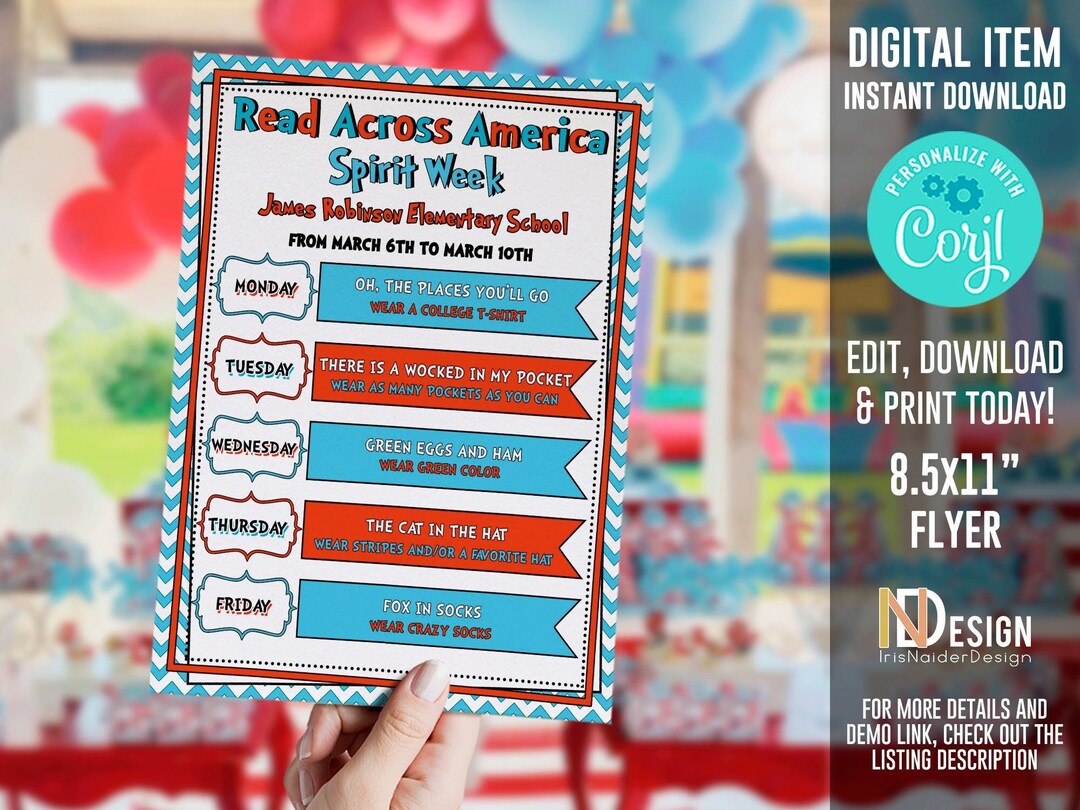 EDITABLE Read Across America Spirit Week Flyer, Reading Week, PTO ...