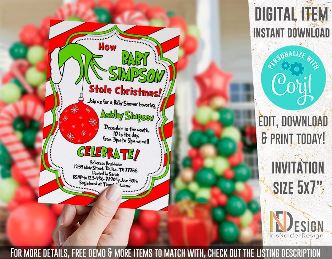 Christmas Baby Shower Invitation, Red Green Baby Shower, Cartoon, Baby ...