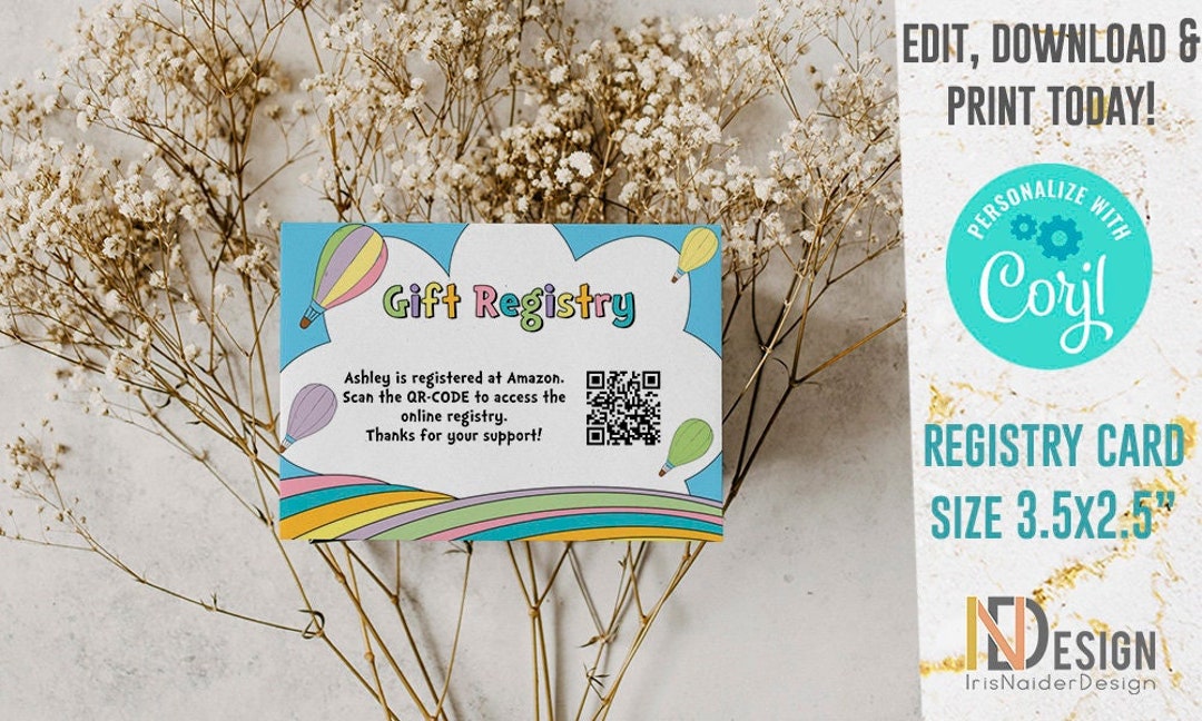 Gift Registry Card, Graduation, Baby Shower, Birthday, Hot Air Balloon ...
