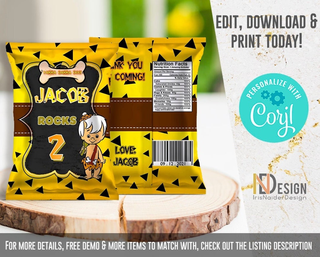 EDITABLE Bam Bam Flintstones Chip Bag, Birthday, Corjl, Printable ...