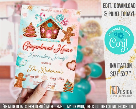 Editable Gingerbread House Decorating Party invitation, Christmas party ...