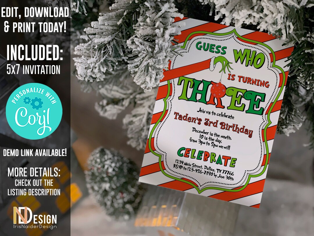 Christmas 3rd Birthday Invitation, Guess Who, Red Green Birthday ...