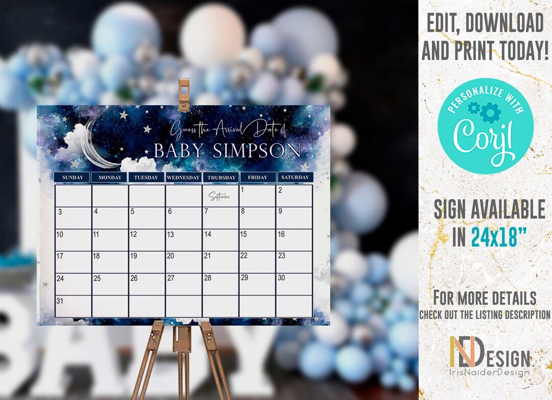 Editable Over the Moon Due Date Calendar, Twinkle Little Star Guess ...