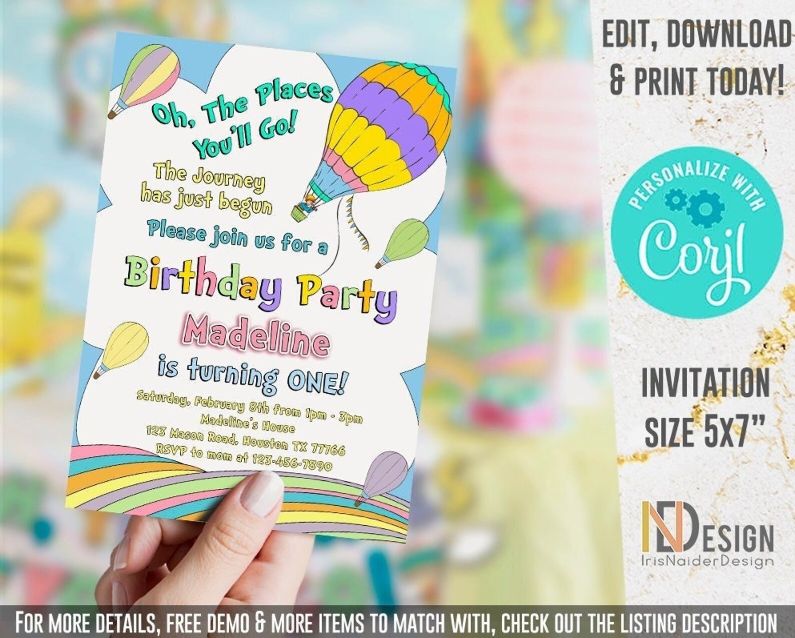 EDITABLE Birthday Invitation Pastel Colors Rainbow Hot Air - Etsy
