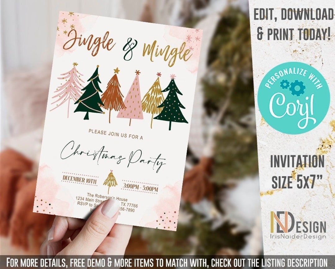 Editable Christmas Party Invitation, Boho Christmas, Jingle & Mingle ...