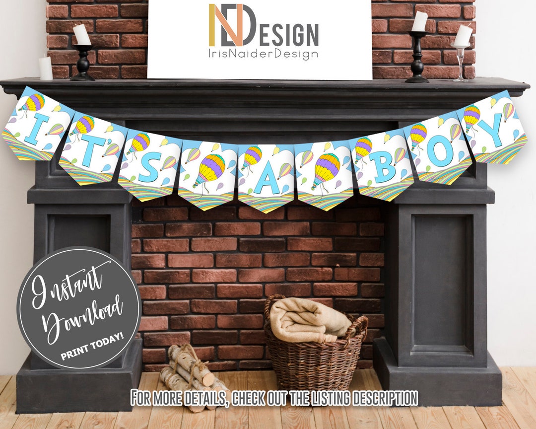 Hot Air Balloon It's a Boy Banner, Baby Shower Banner, Rainbow, Pastel ...