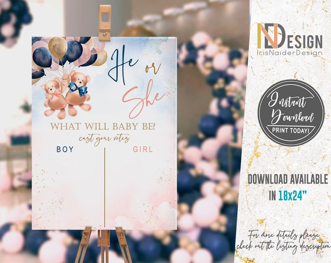 Teddy Bear Voting Board Instant Download, Gender Reveal, Gold, Navy ...