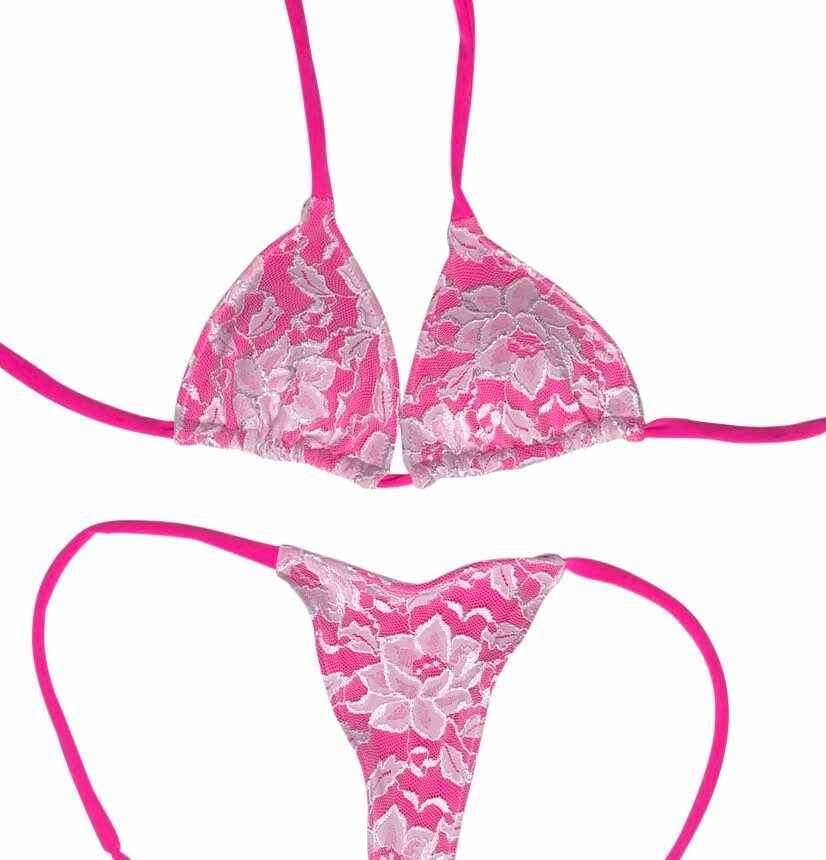 Neon Pink Bikini Set White Lace Swimuit Bathing Suit Woman Scrunch Butt