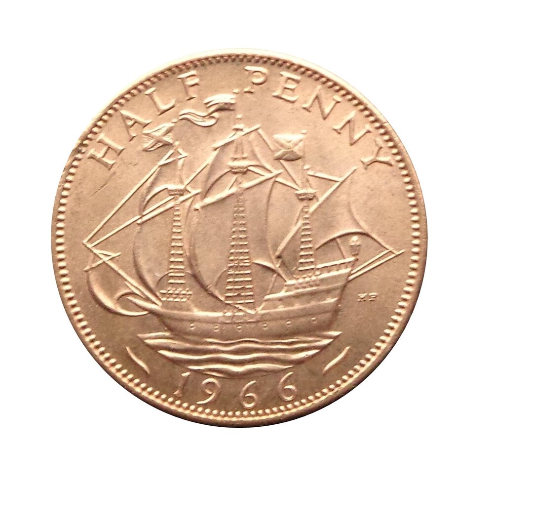 1966 Half Penny Coin With Ship Golden Hind Queen Elizabeth 2nd From 1966-half-penny-coin-with-ship-golden-hind-queen-elizabeth-2nd-from