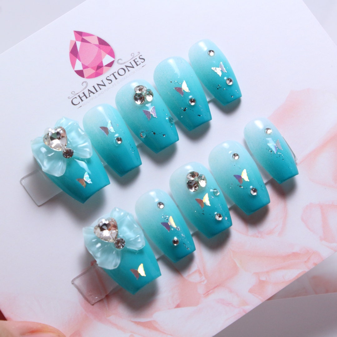 Bow Tie Charm Nails Sky Blue Nail Set Gem Press Ons Crystal Stick-on ...