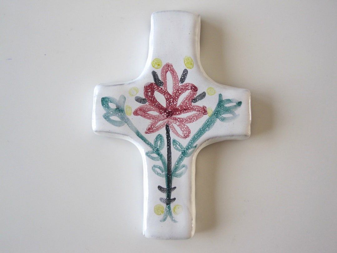 White Ceramic Cross With Floral Decor 1970s France Croix En - Etsy