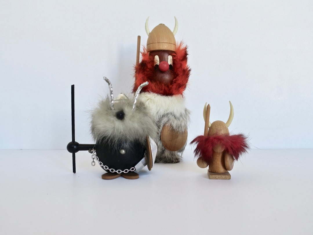 Hans BOLLING Style 3 Wooden and Fur Vikings 1960s Denmark, Trio Statues ...