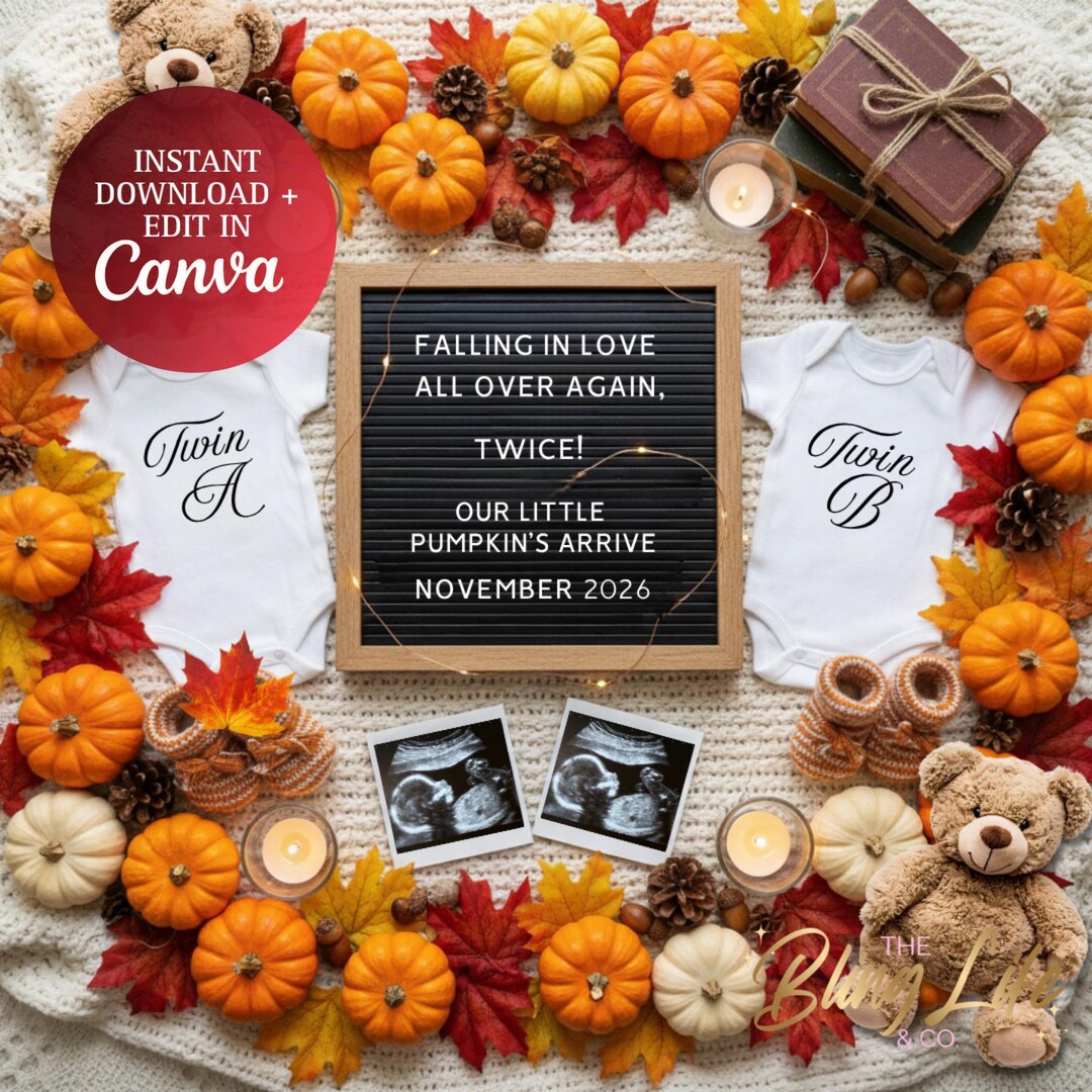 Falling in Love Twice| Fall Baby Reveal | Pumpkin Twins Reveal Template ...