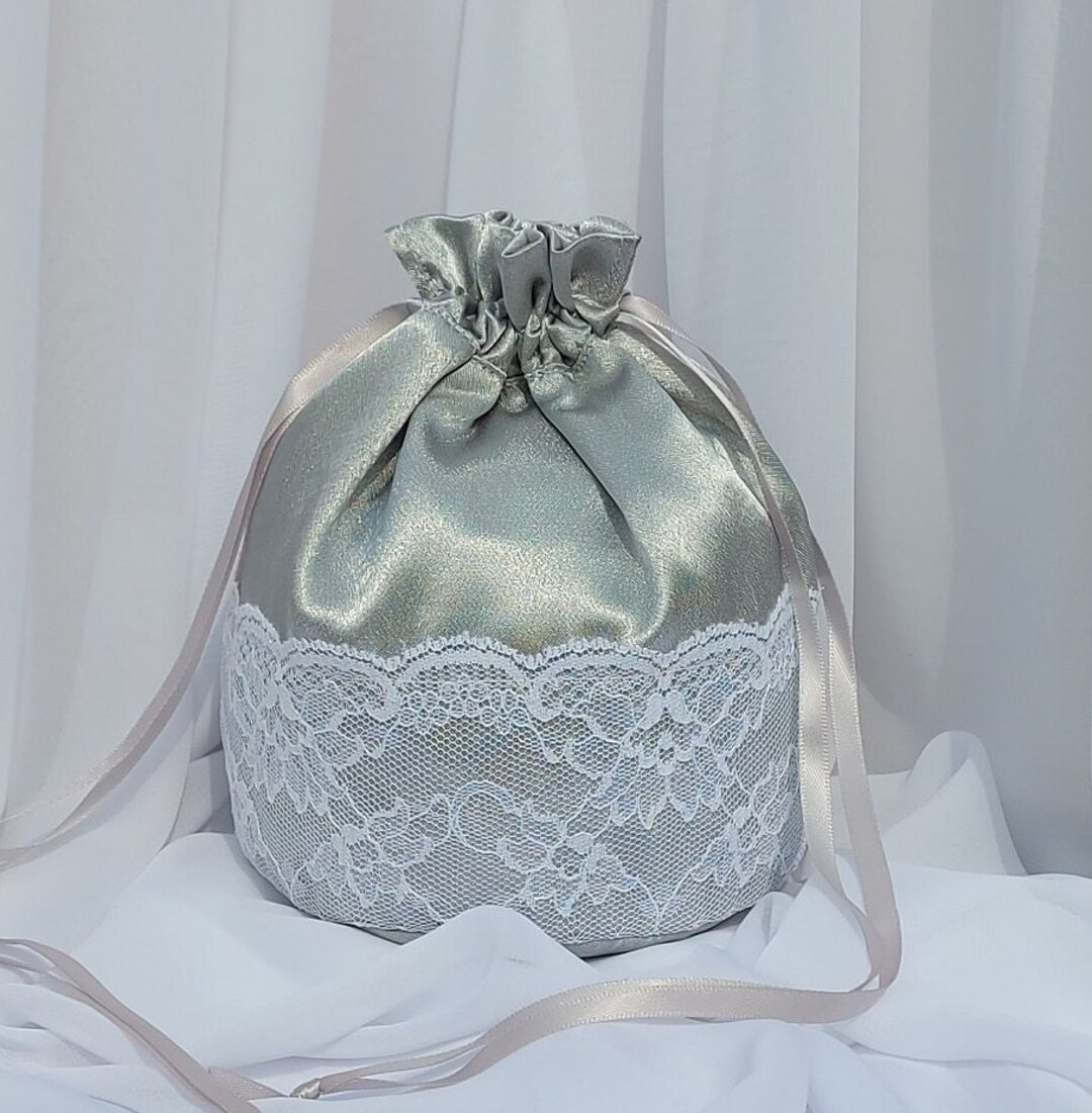 Handmade Silver Satin Dolly Bag With White Lace for Bridesmaids Bride ...