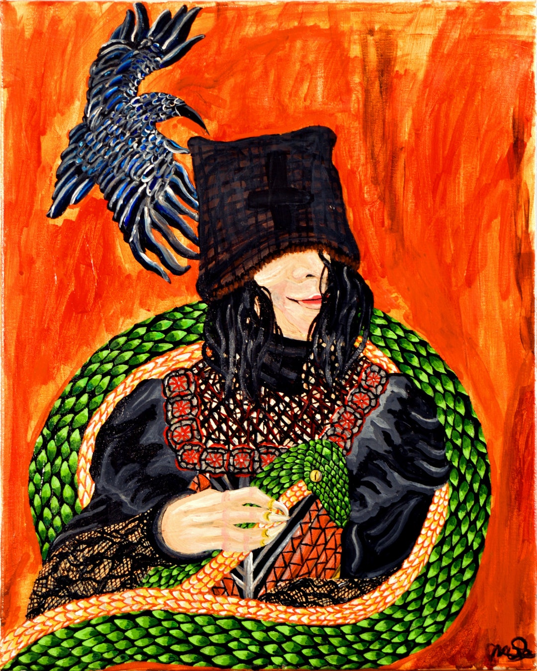 MARIANNE Witch Fan Acrylic PAINTING - Green Snake and Crow Gothic ...