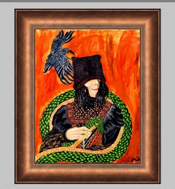 MARIANNE Witch Fan Acrylic PAINTING Green Snake and Crow Gothic Netflix ...
