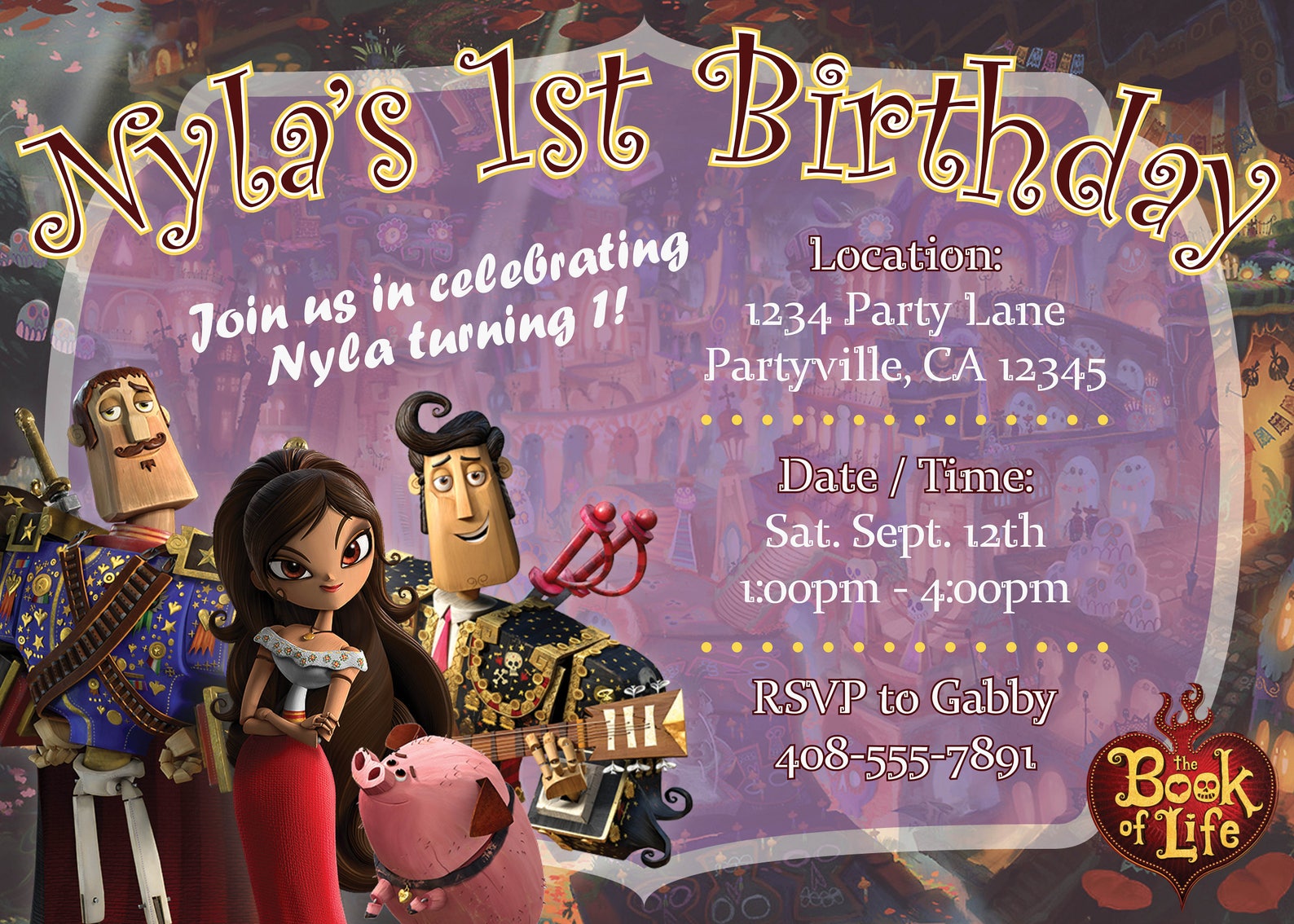 Book of Life Birthday Invitation, Personalized Party Invite (PDF, JPEG ...