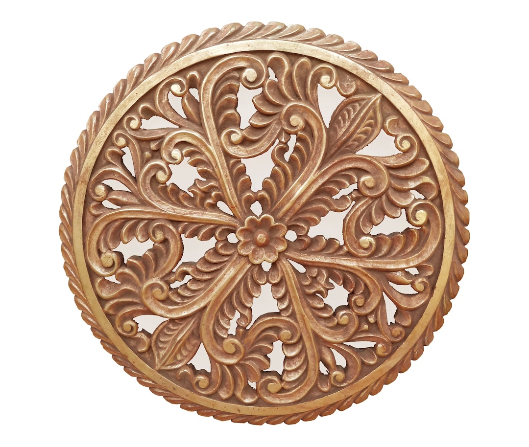 Round Hand Carved Cedar Wall Décor 23.6", Made to Order - Gilded With ...