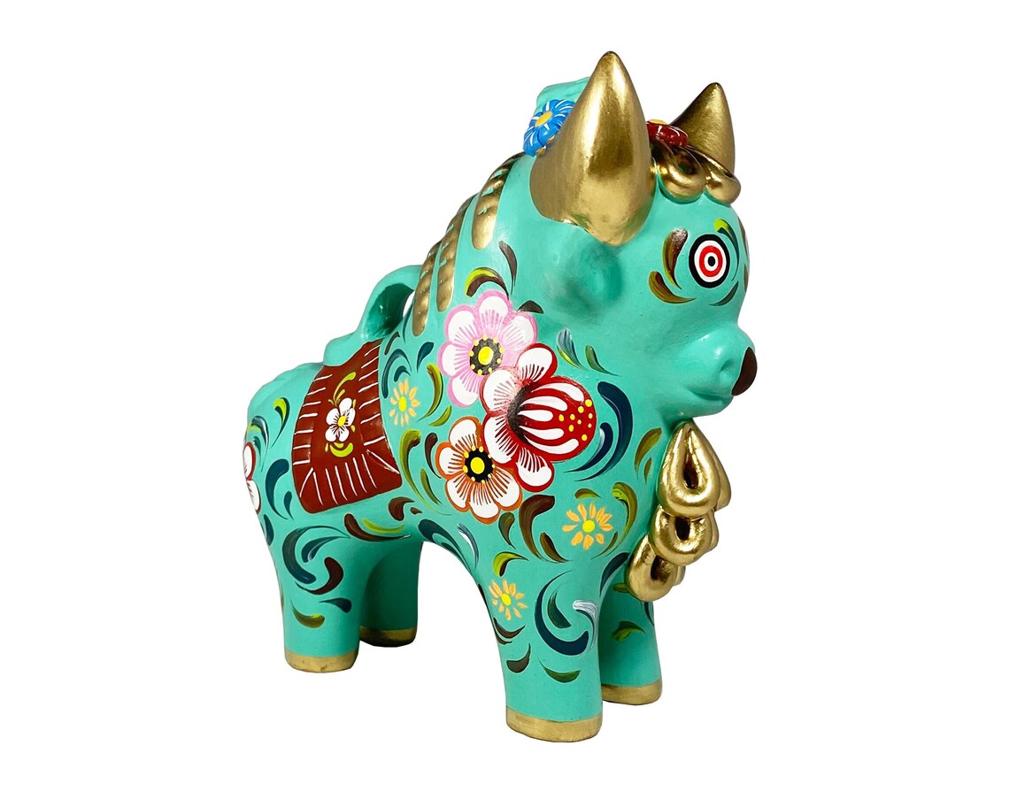 Pucará Bull Handpainted in Ceramic - 7.9" High, Aqua, Ceramic Figurine ...