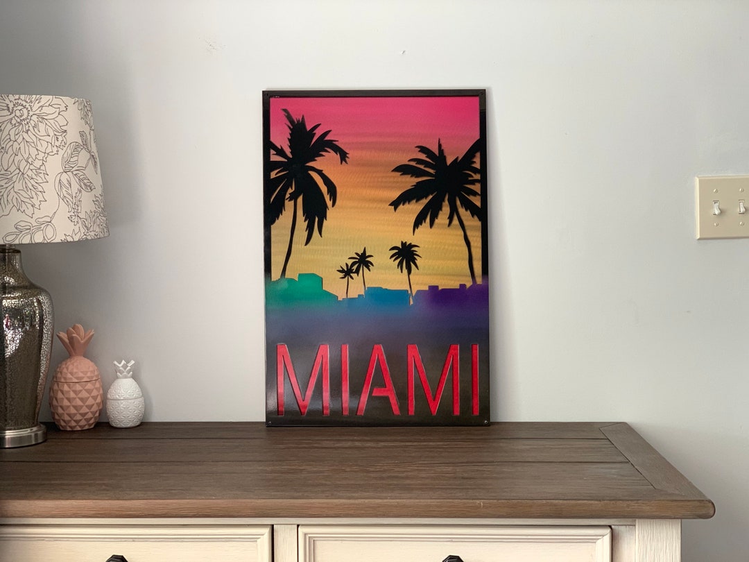 Miami Scene Metal Wall Art: Multi-colored Sunset Palm Tree Decor - Etsy