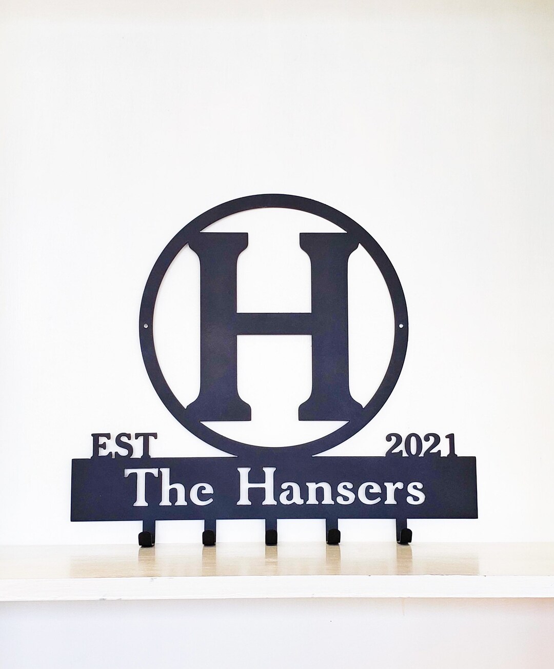 Personalized Metal Monogram Wall Art With Hooks: Last Name & EST Date ...