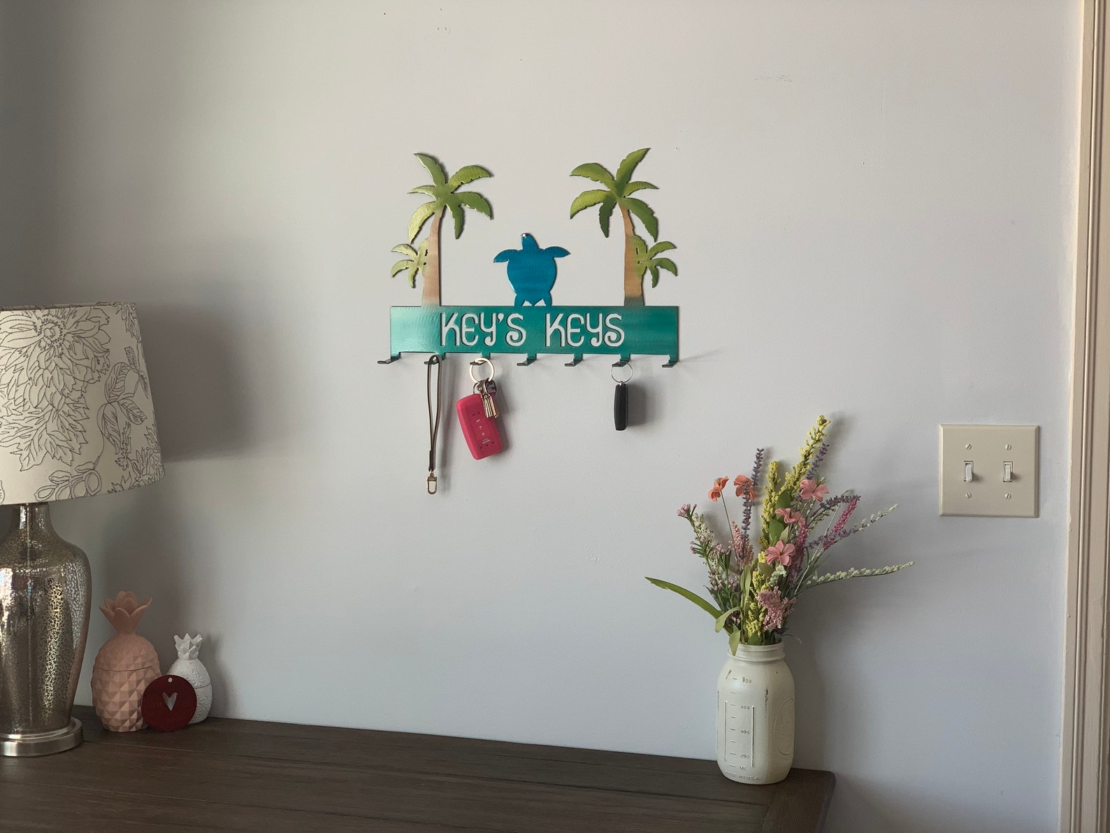 Personalized Tropical Turtle Key Holder: Powder Coated Metal, Palm Tree ...