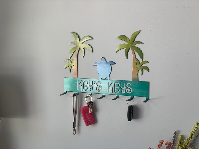 Personalized Tropical Turtle Key Holder: Powder Coated Metal, Palm Tree ...