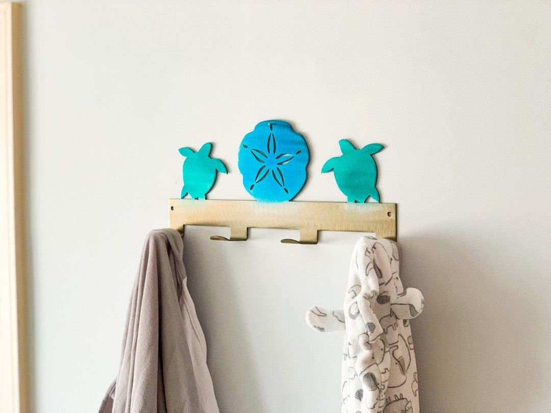 Sand Dollar Turtle Towel Rack Metal Wall Art With 4 Hooks, Mounting ...