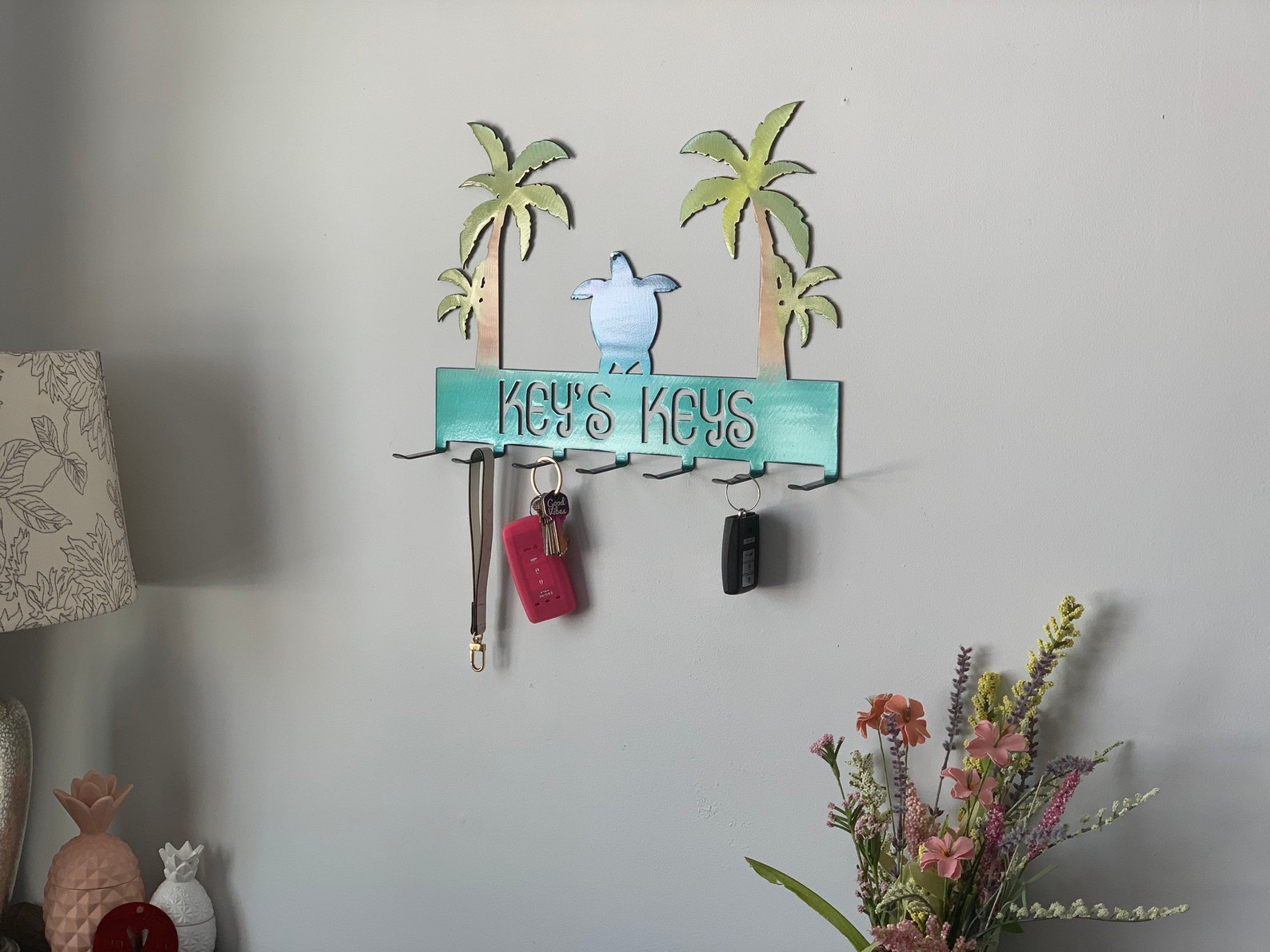 Personalized Tropical Turtle Key Holder: Powder Coated Metal, Palm Tree ...