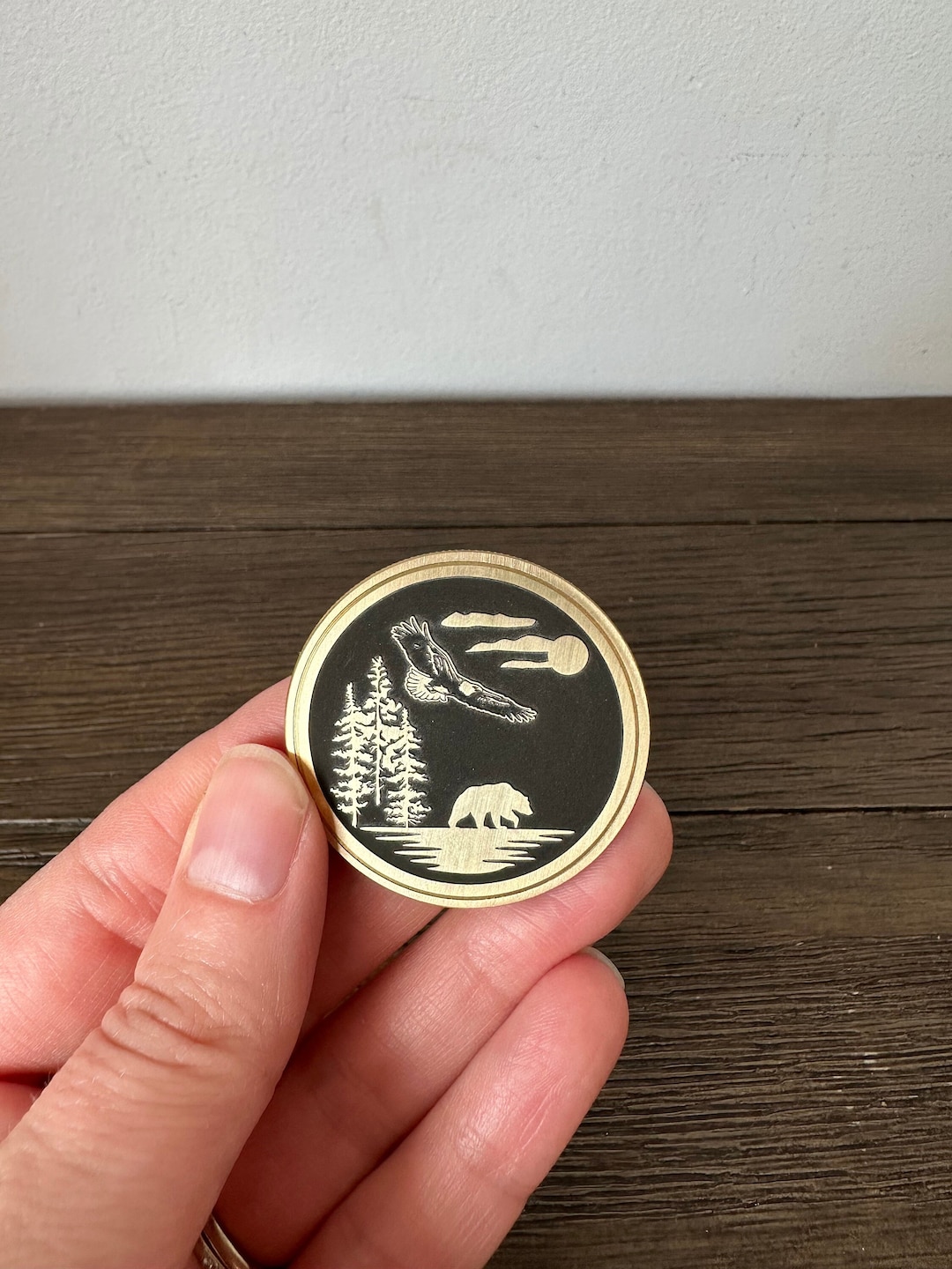 Eagle Bear Scene Engraved Brass Challenge Coin • Mountains • Nature ...