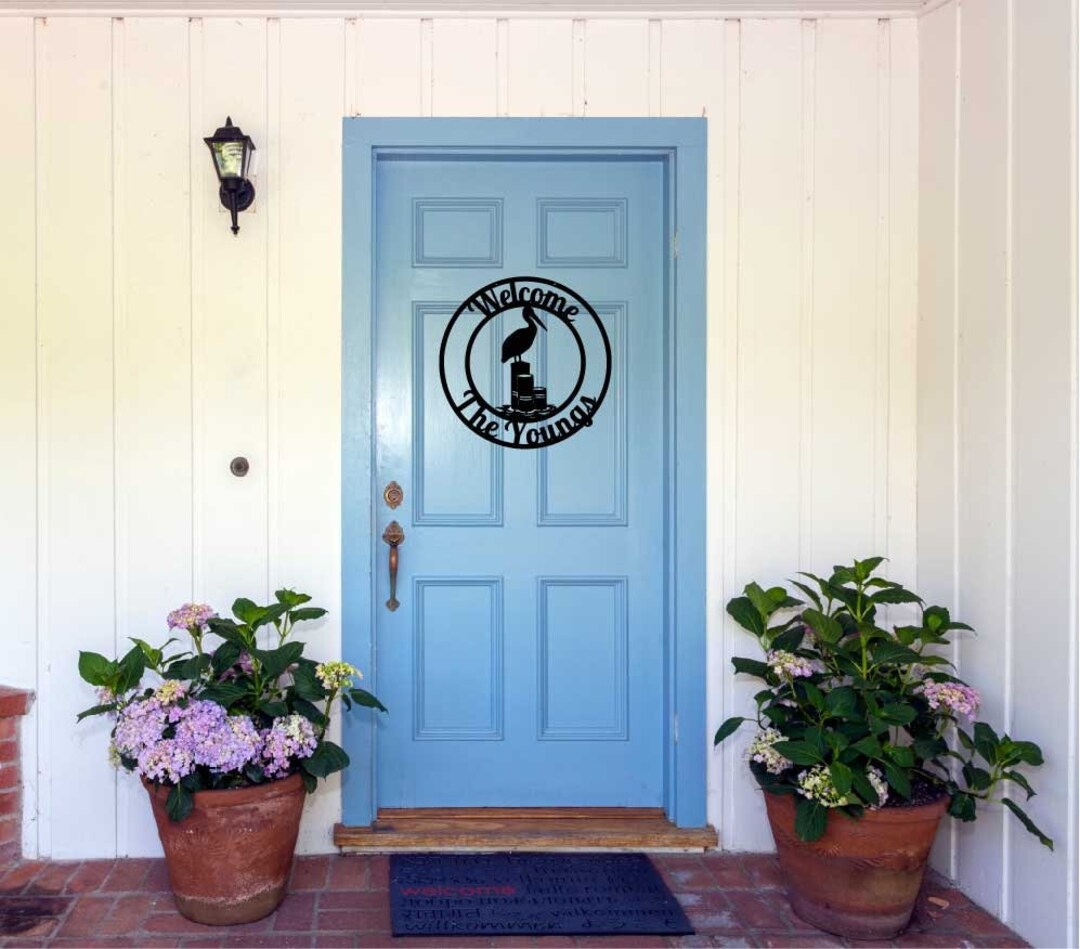 Personalized Pelican on Piling Metal Sign - Customizable Door Hanger or ...