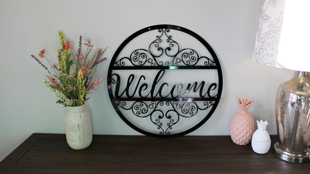 Welcome Sign With Scroll Detail, Powder Coated | Front Door Sign ...