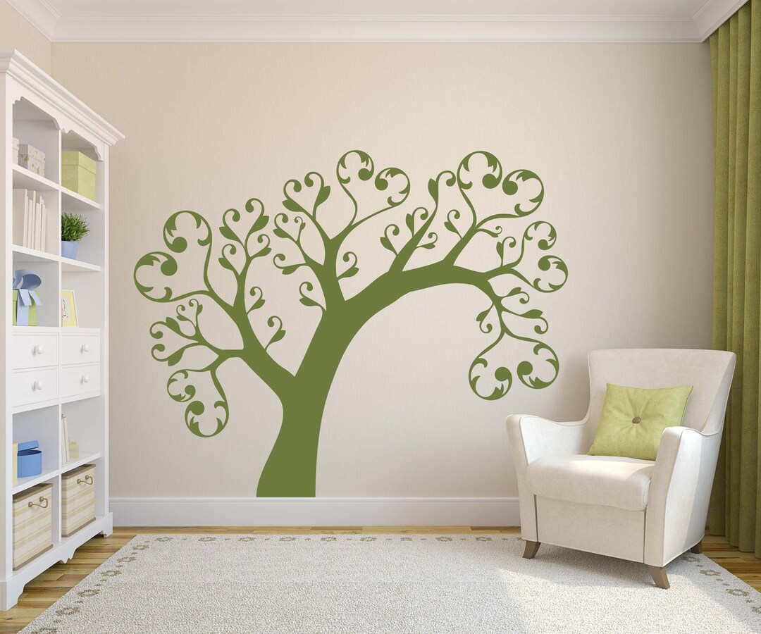 Leaning Tree Wall Decal, Tree With Branches and Leaves, Reading Nook ...
