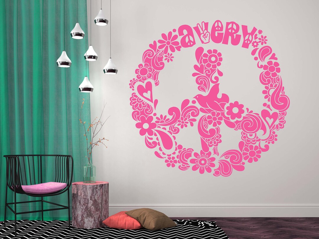 Peace Sign Wall Art, Custom Name Sign, Peace Sign Decal, Flower Power ...