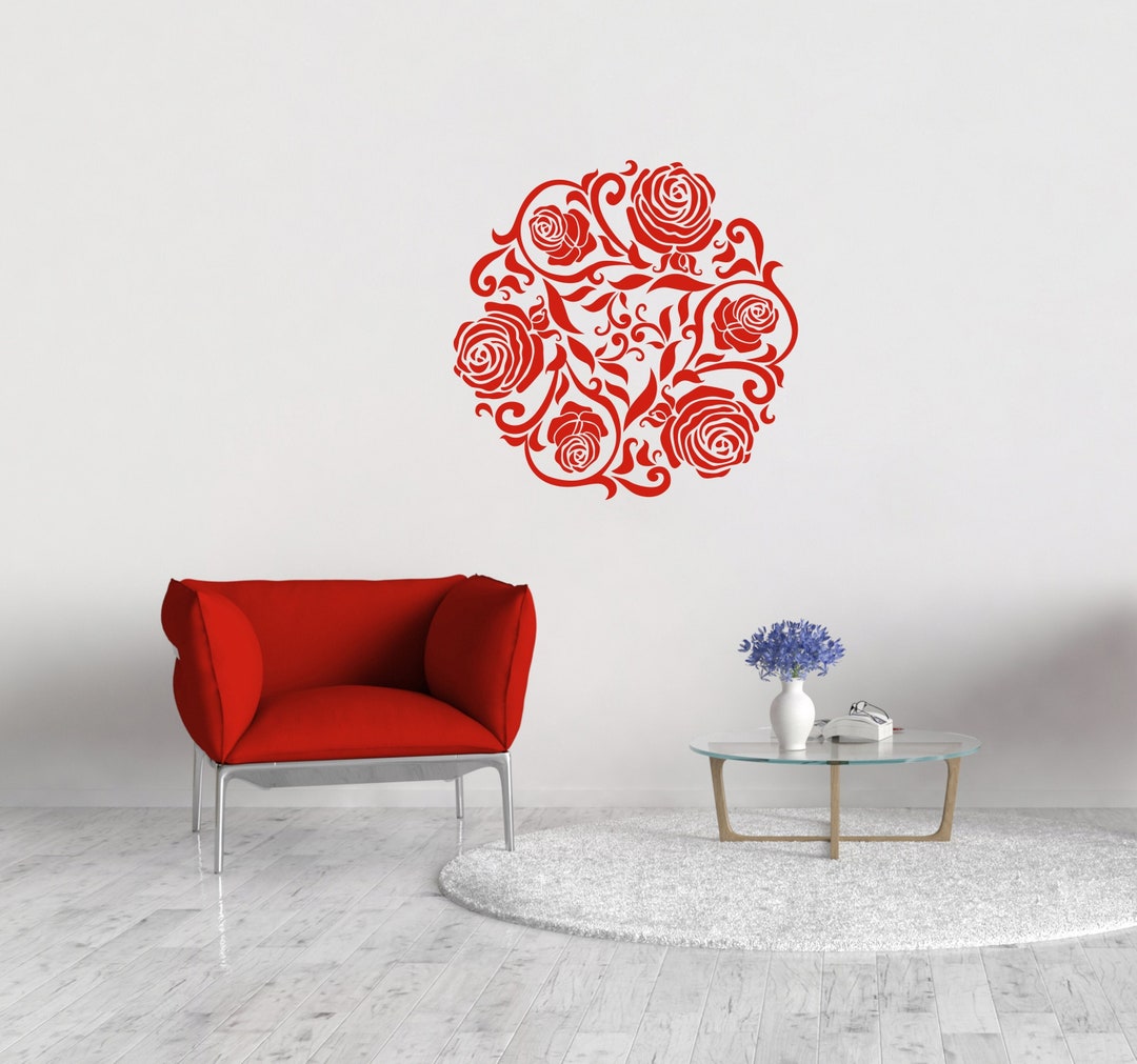 Rose Wall Decal, Roses Decor, Rose Bouquet Design, Round Wall Art, Rose ...