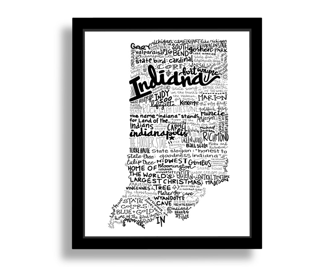 Indiana State Print, Hand Lettered Indiana State Print, Multiple Sizes ...