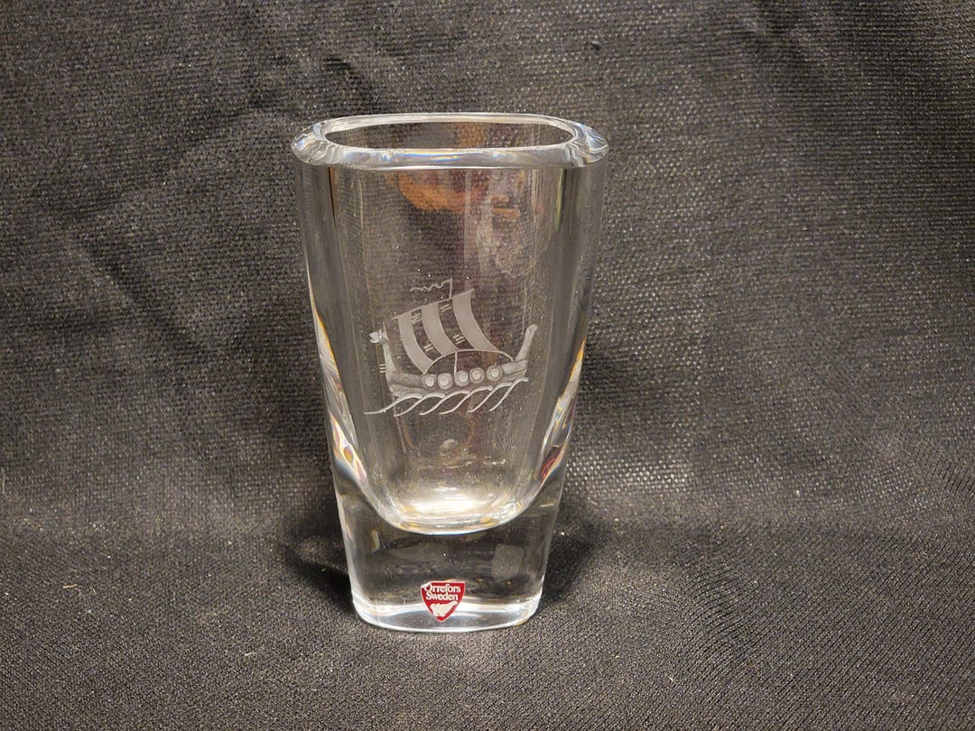 Vintage Orrefors Etched Crystal Viking Ship Vase 5.5" - Orrefors Sweden ...