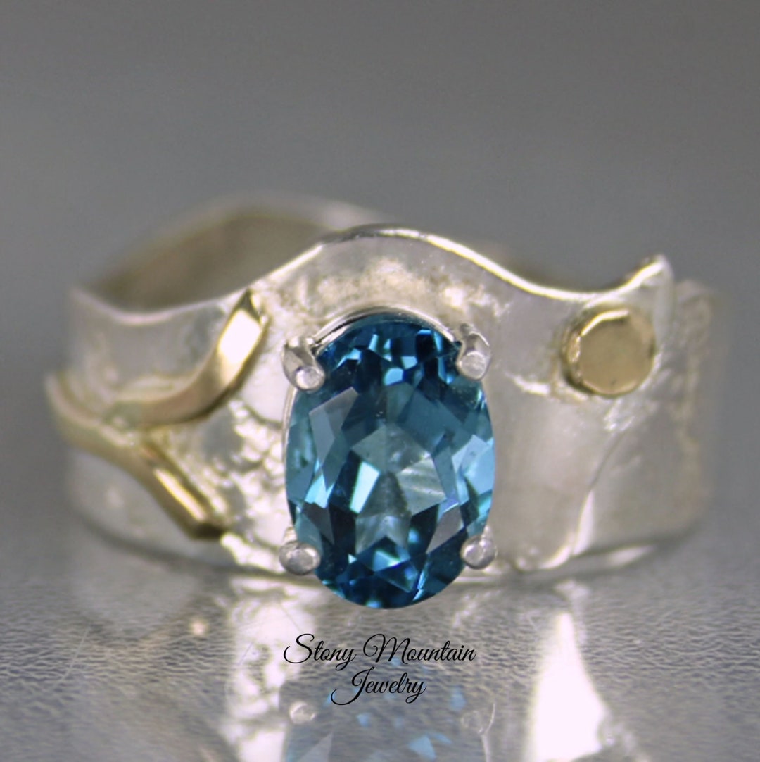 Genuine London Blue Topaz Ring, Unique Modern Mixed Metal London Topaz Ring, Artistic Elegant ...